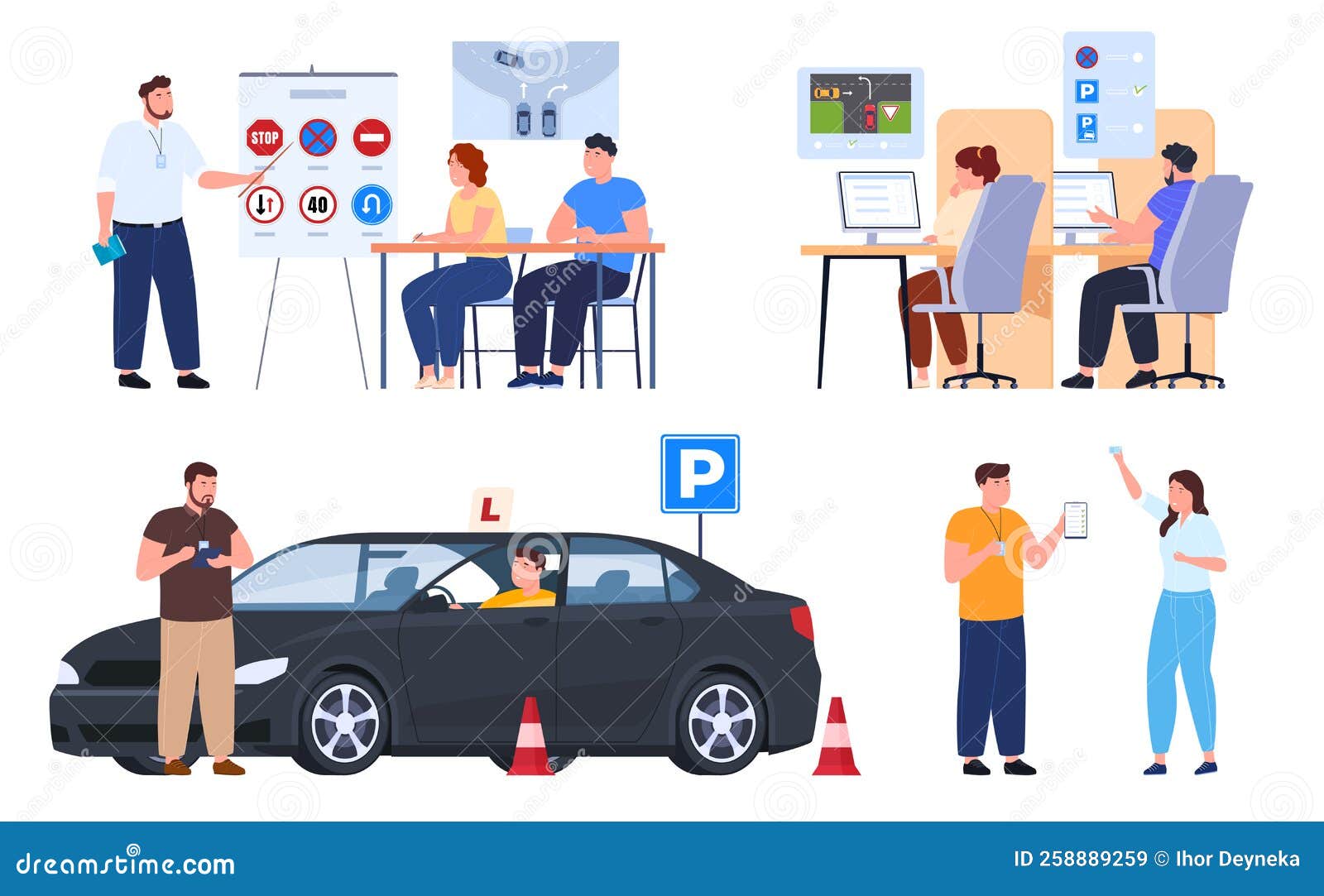 School of Drivers. Teaching Traffic Rules and Safe Driving. Vector ...