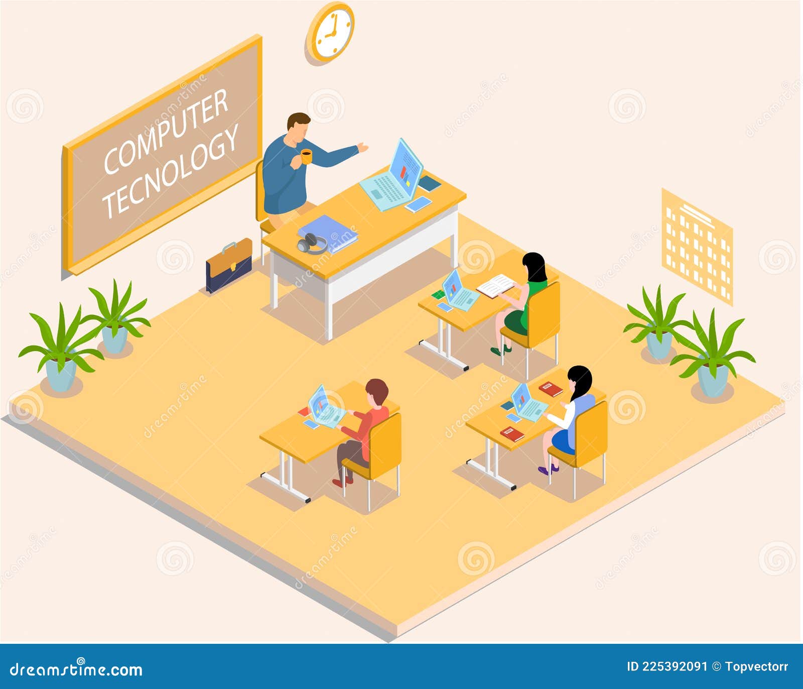 School Education Isometric with Teacher and Pupil at Computer ...