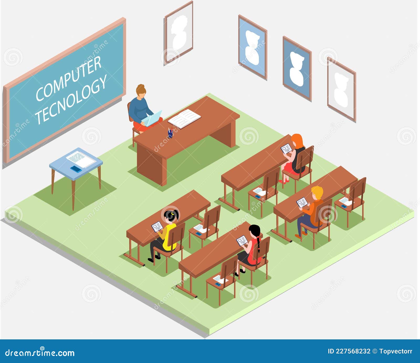 School Education Isometric with Teacher and Pupil at Computer ...