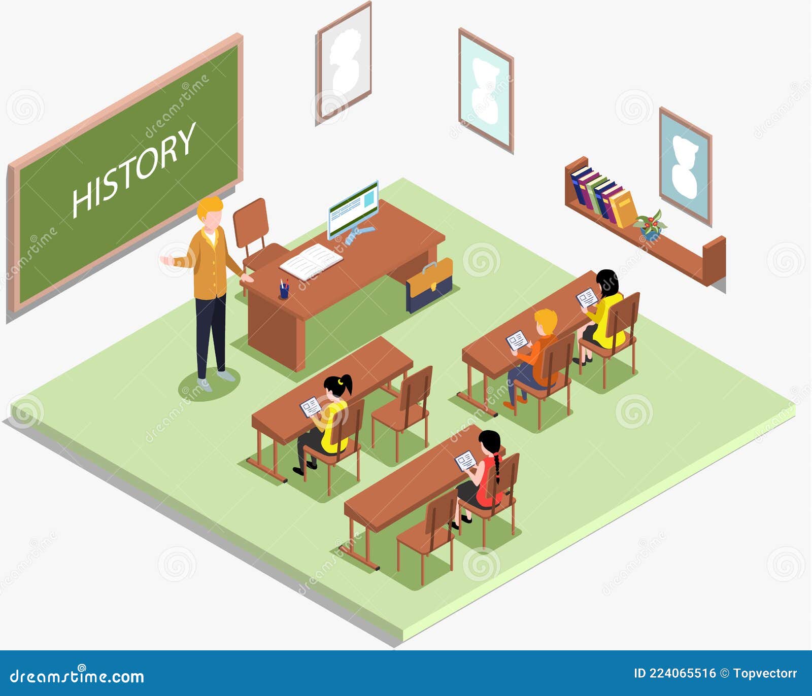 School Education Isometric with Teacher and Pupil at History Lesson ...
