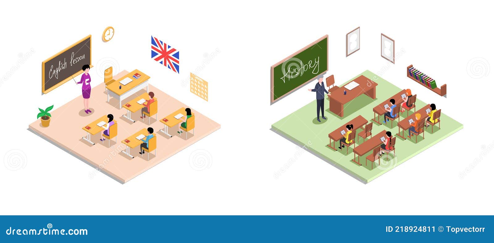 School Education Isometric with Teacher and Pupil at Lesson. Learning ...