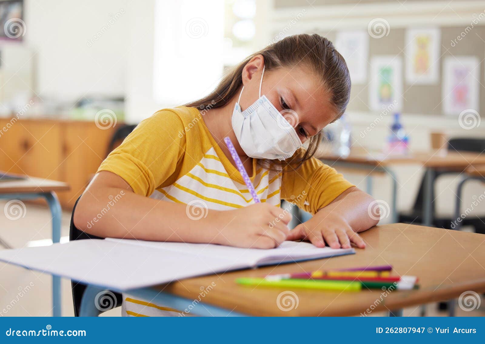 School, Education and Learning with Covid Mask on Girl Face in ...