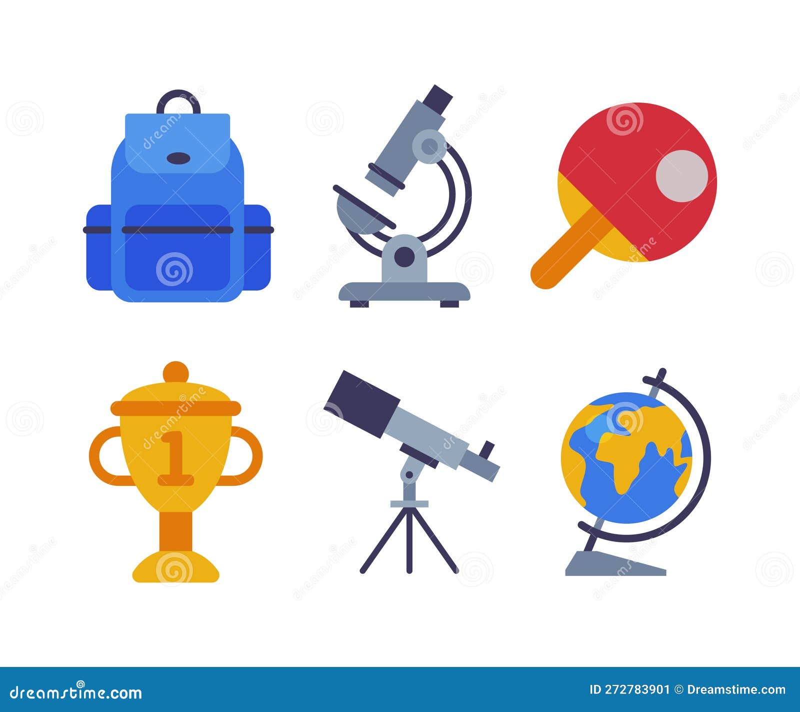 School Education Object with Backpack, Microscope, Cup, Telescope and ...