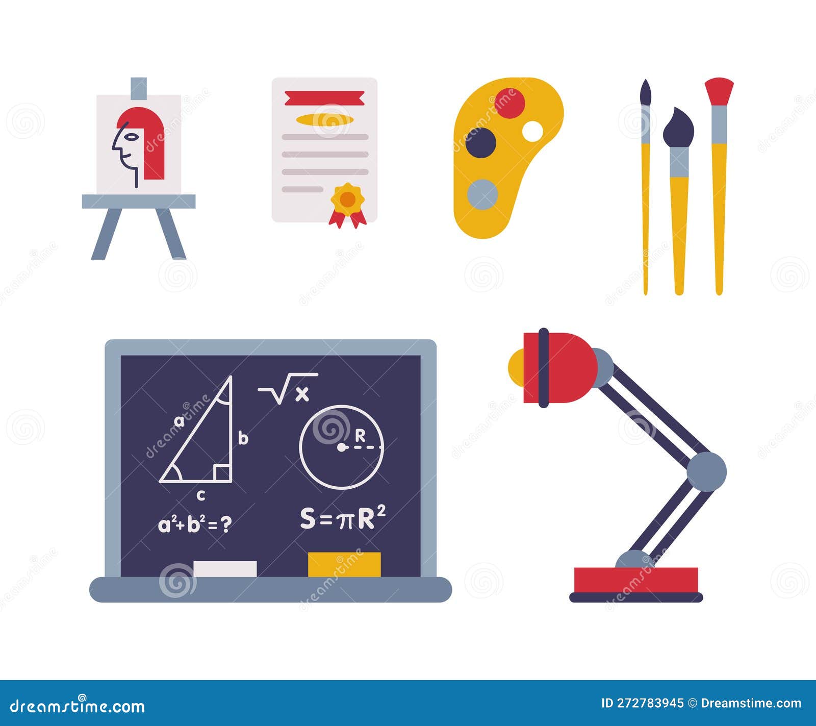 School Education Object with Drawing Easel, Palette, Brush, Chalkboard ...