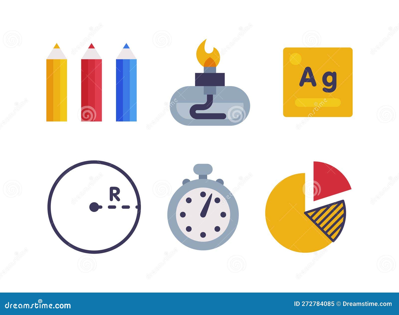 School Education Object with Pencils, Radius, Timer, Pie Chart, Algebra ...