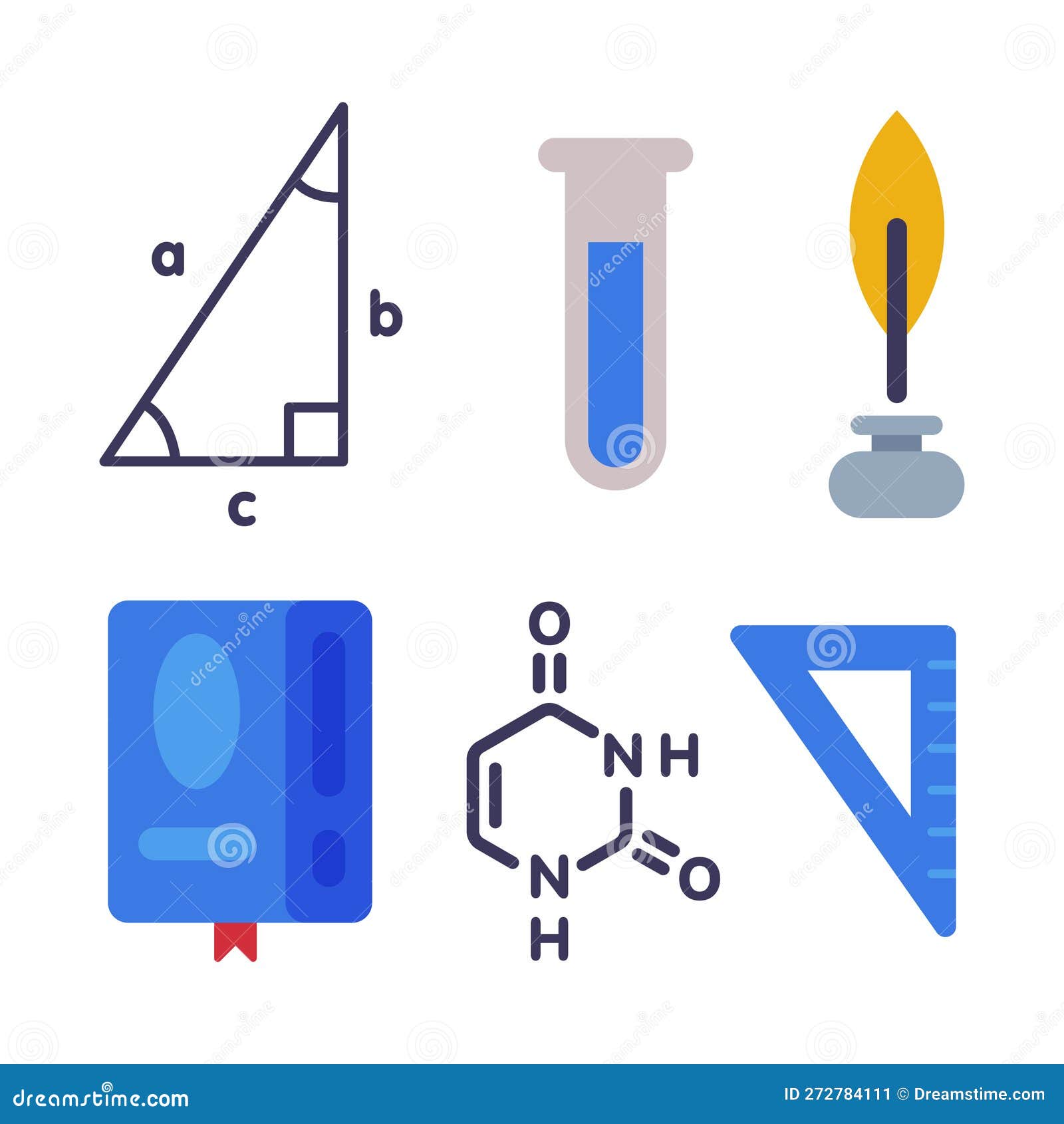 School Education Object with Triangle, Flask, Quill, Book, Molecule and ...