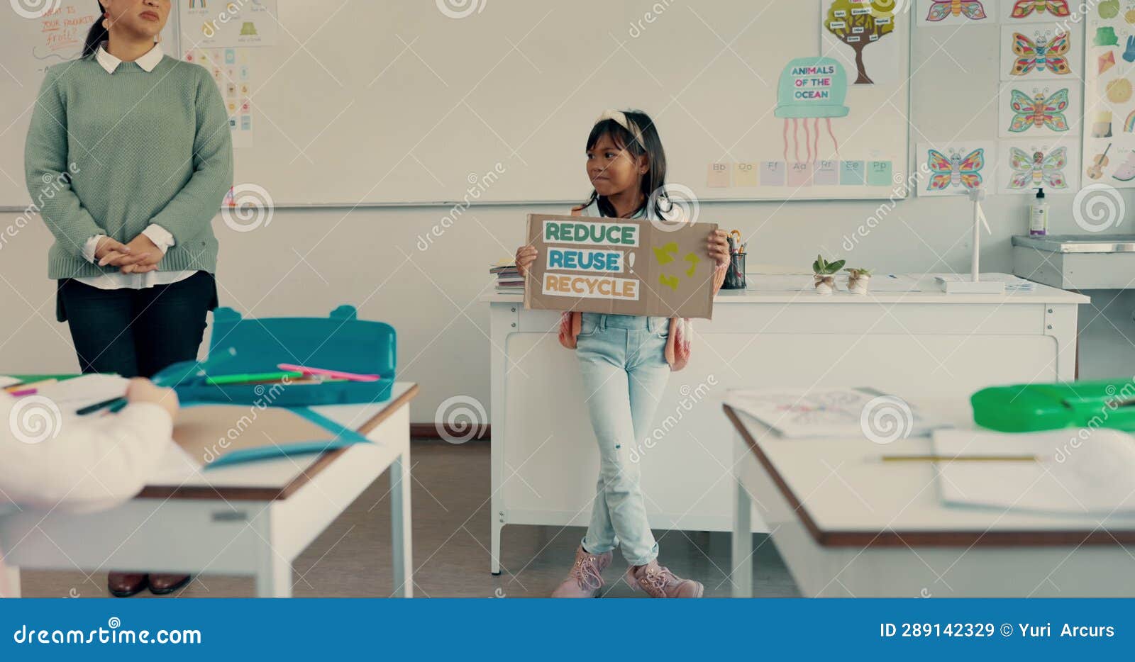 School, Education and Student with Recycle Presentation in Classroom for Lesson, Learning and ...