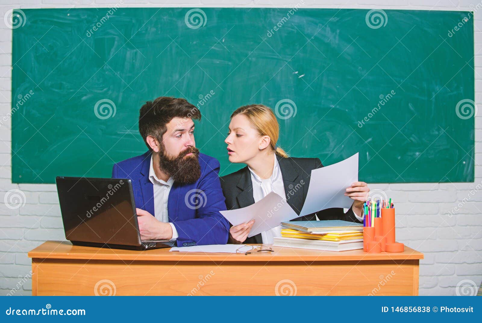 School Educator with Laptop and Principal with Documents. Educational ...