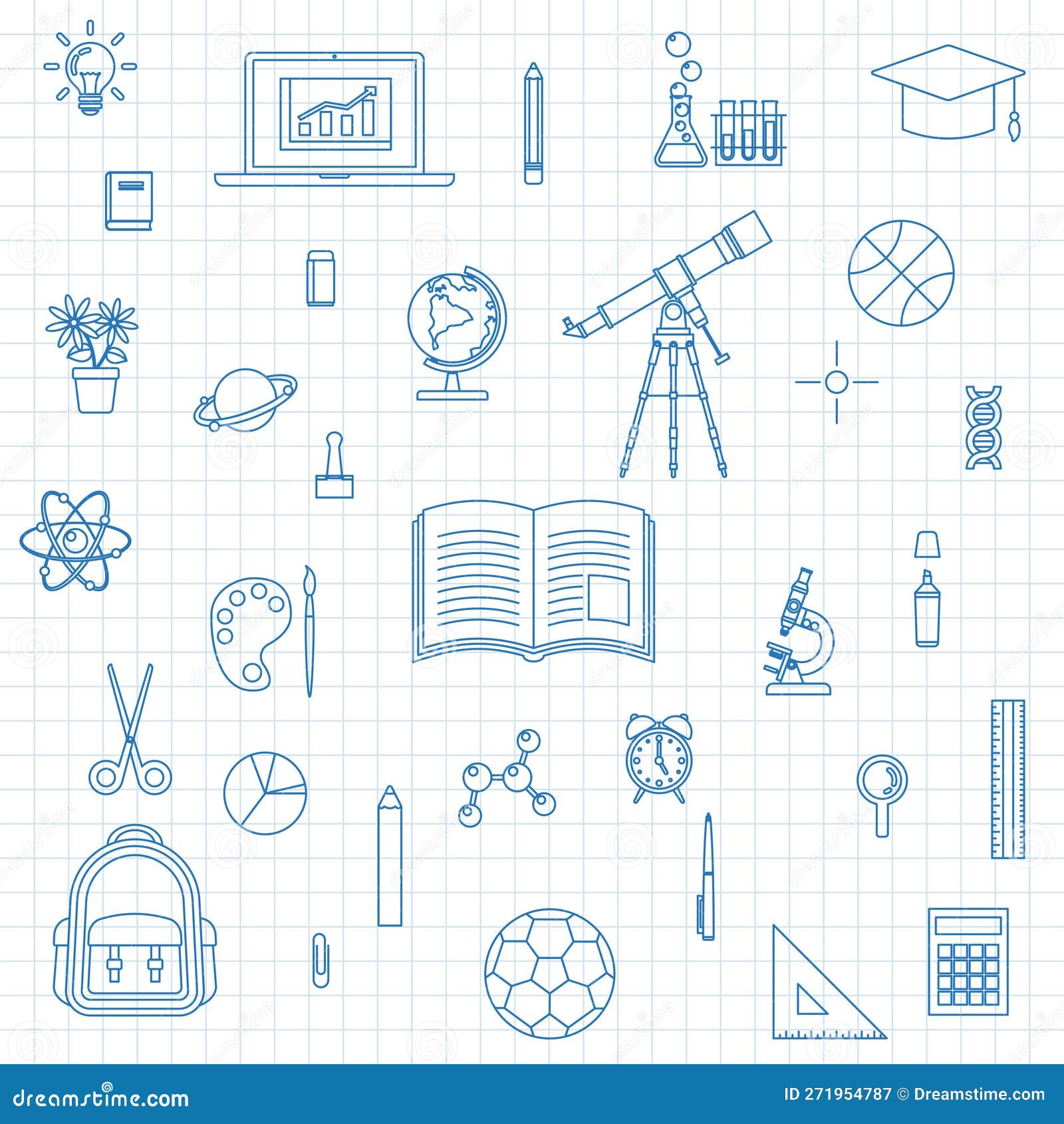 School Elements Line Art on Paper with Grid Stock Vector - Illustration ...