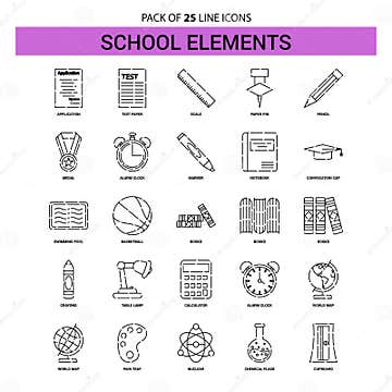 School Elements Line Icon Set - 25 Dashed Outline Style Stock Vector ...