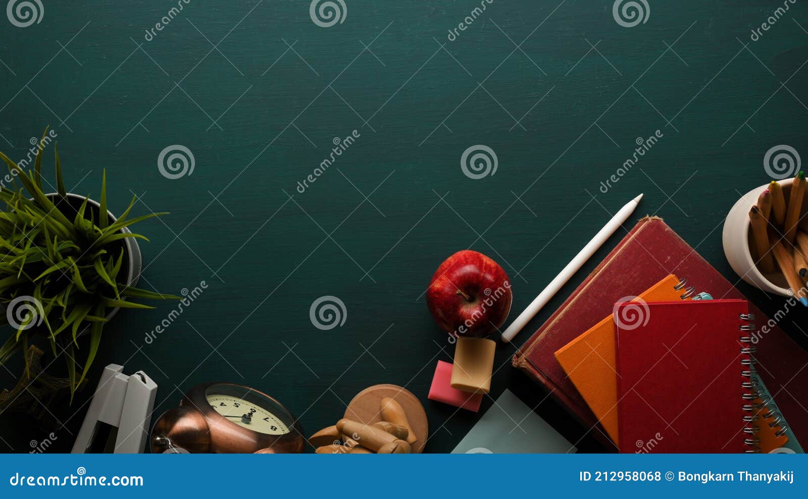 School Elements, Top View of Study Table with Books, Stationery ...