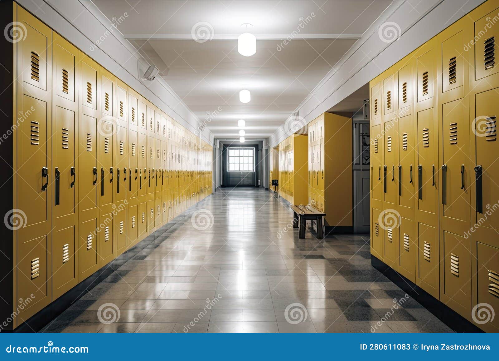 School Empty Long Corridor with Yellow Lockers. Generative AI Stock ...