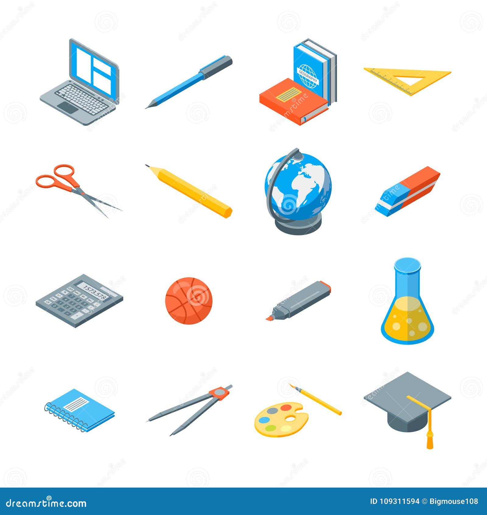 School Equipments and Tools Icons Set Isometric View. Vector Stock ...
