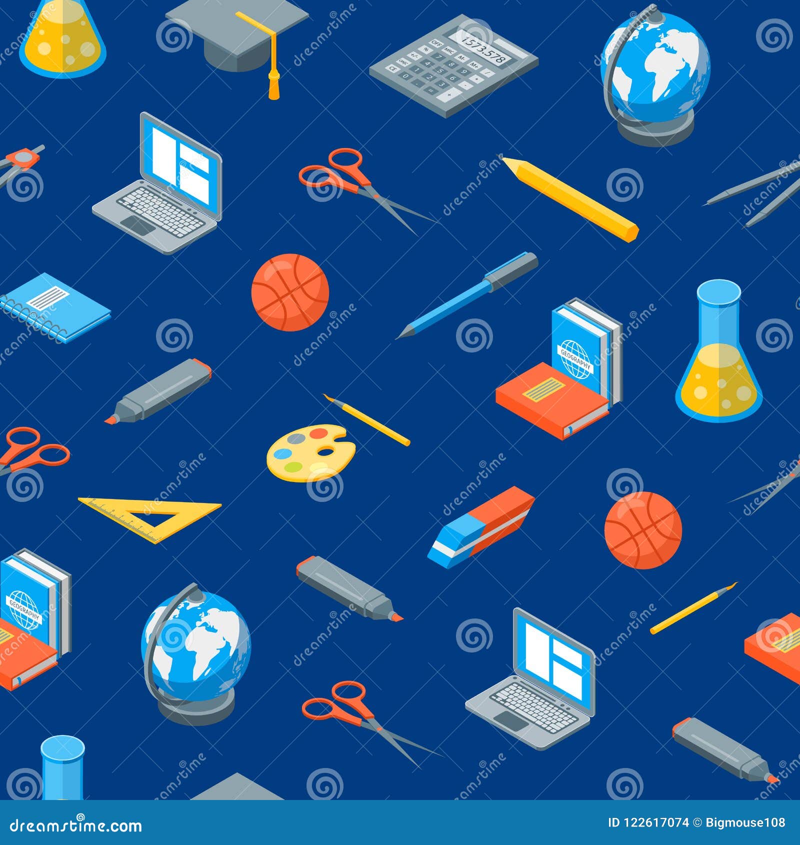 School Equipments and Tools Seamless Pattern Background Isometric View ...