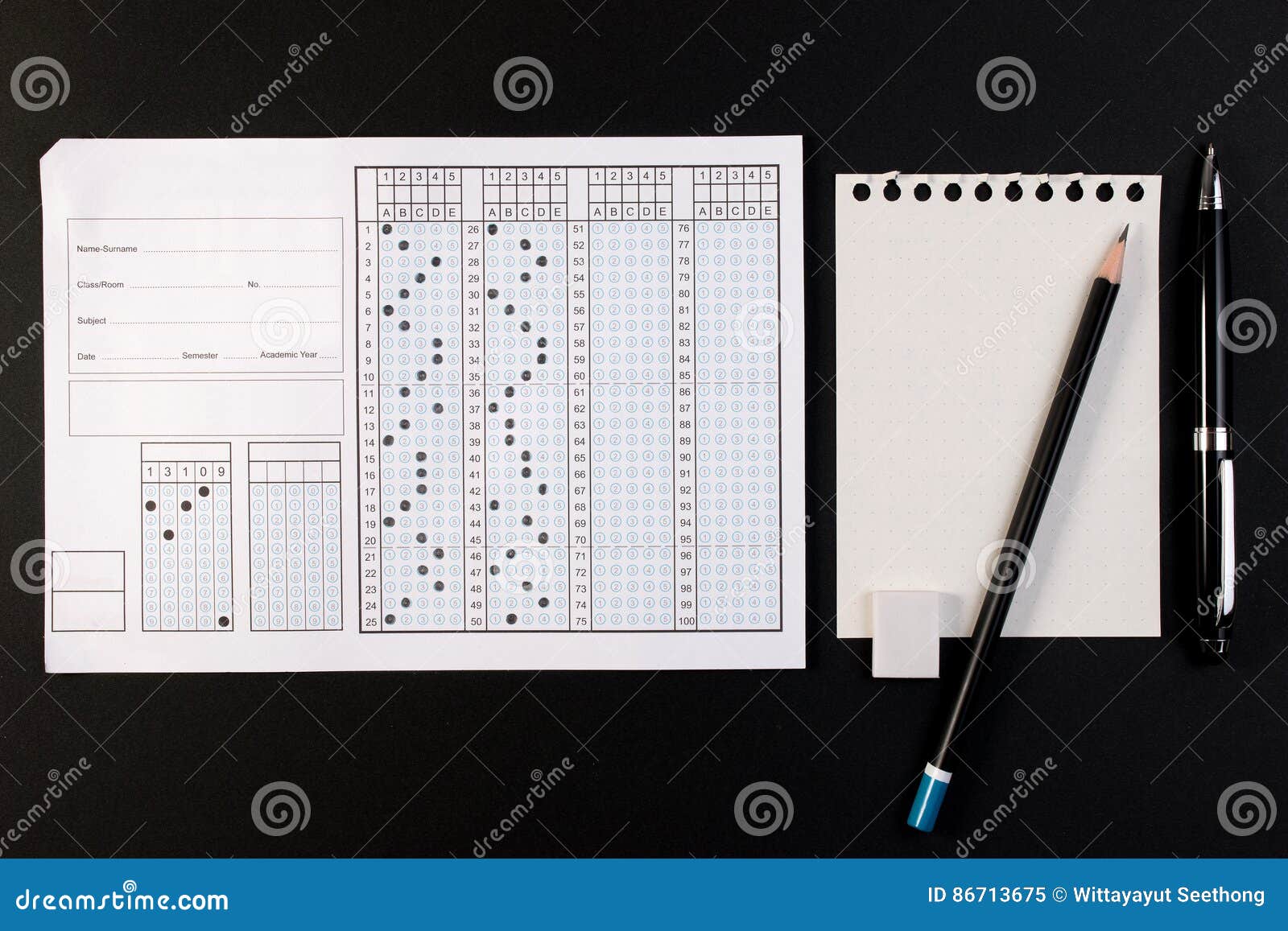 School Exam Answer Sheet and Pen. Standard Test Form or Answer Sheet ...