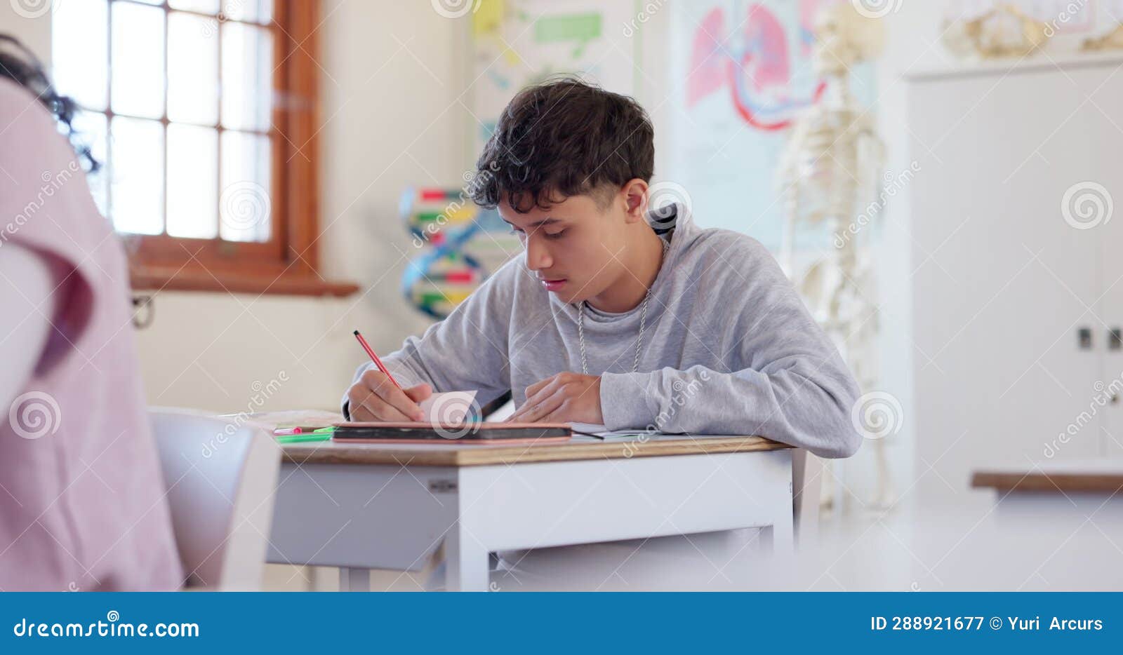 School, Exam and a Boy Student Writing in Class during a Test or ...