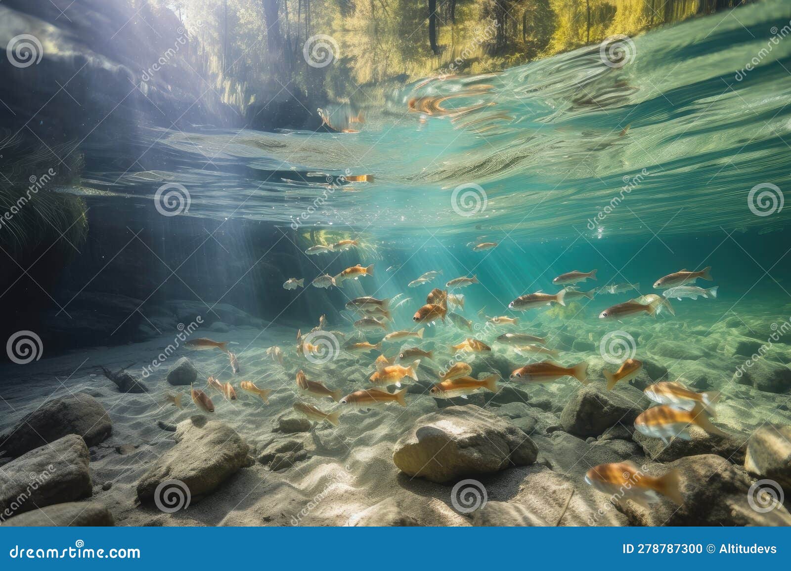 School of Fish Swimming in Clear, Freshwater Stream Stock Illustration ...