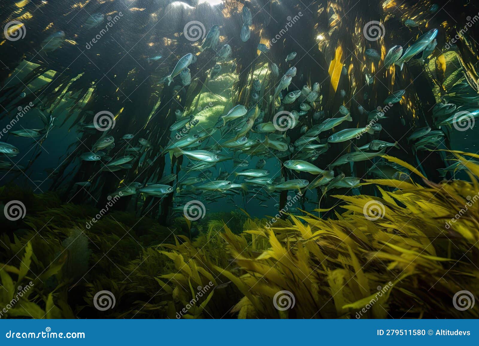 School of Fish Swimming through Kelp Forest, Their Movements Causing ...