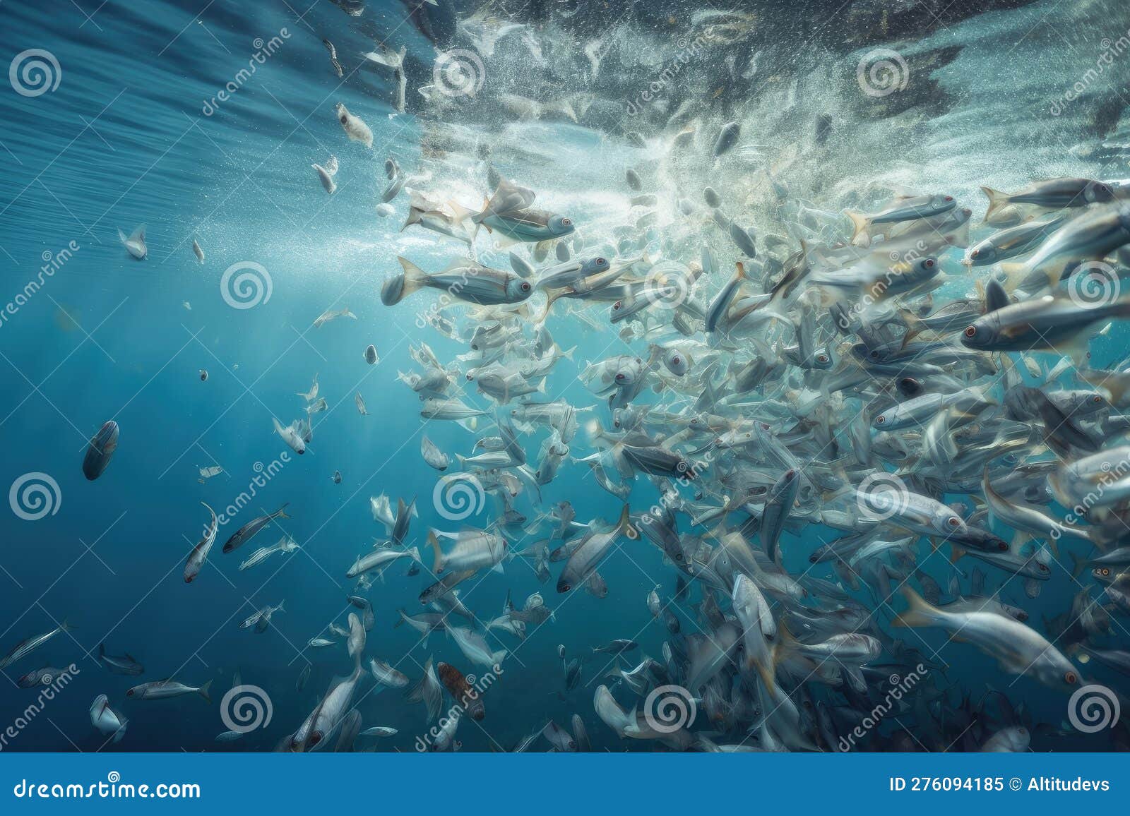 A School of Fish Swimming in Water Filled with Microplastics Stock ...