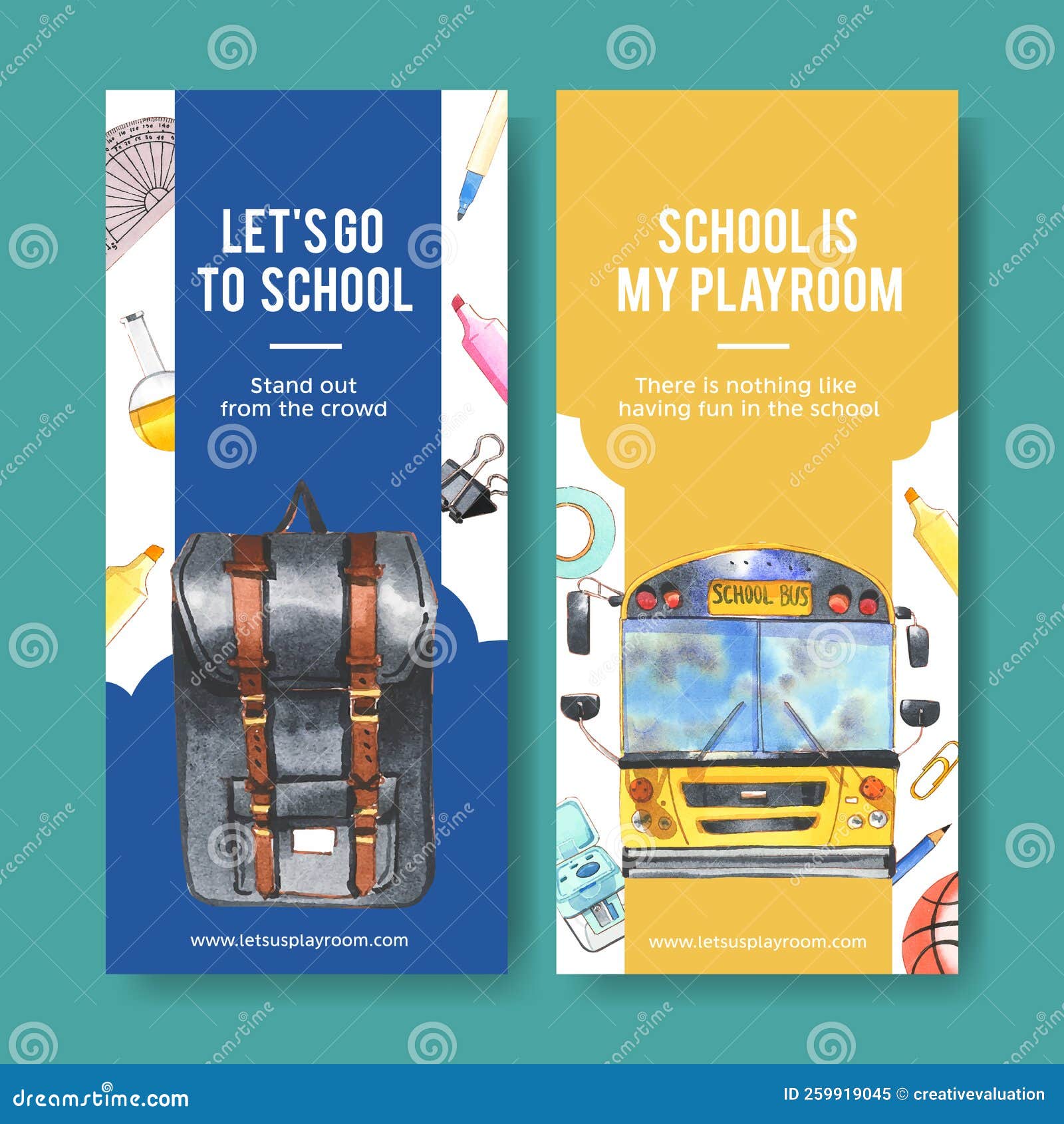 School Flyer Design with School Bus, School Bag Watercolor Illustration ...
