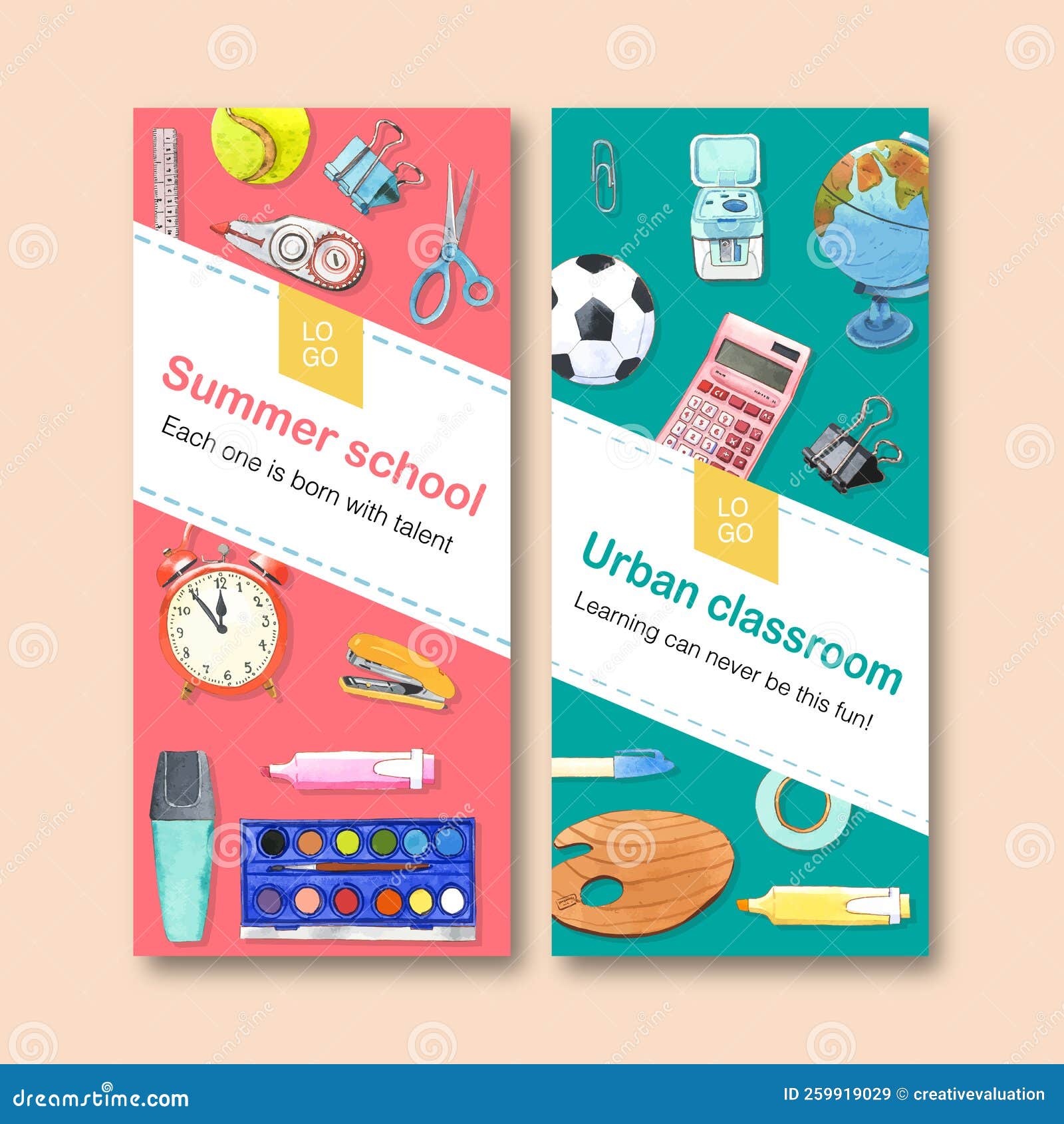 School Flyer Design with Calculator, Clock Watercolor Illustration ...