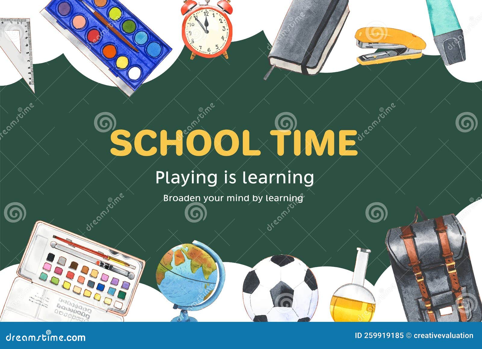 School Frame Design with Globe, Ball, School Bag Watercolor ...