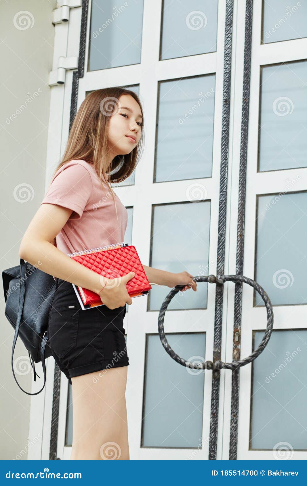 School Girl with Backpack and Educational Equipment. Student Opening ...