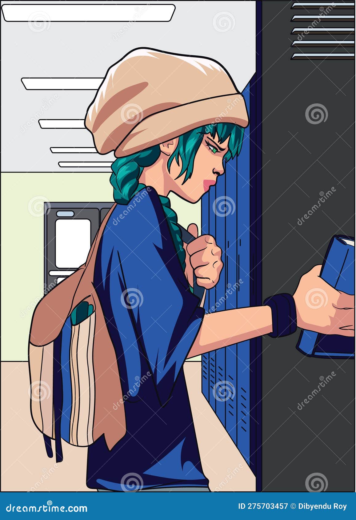 School Girl with Backpack Using School Locker Hand Drawn Vector Stock ...