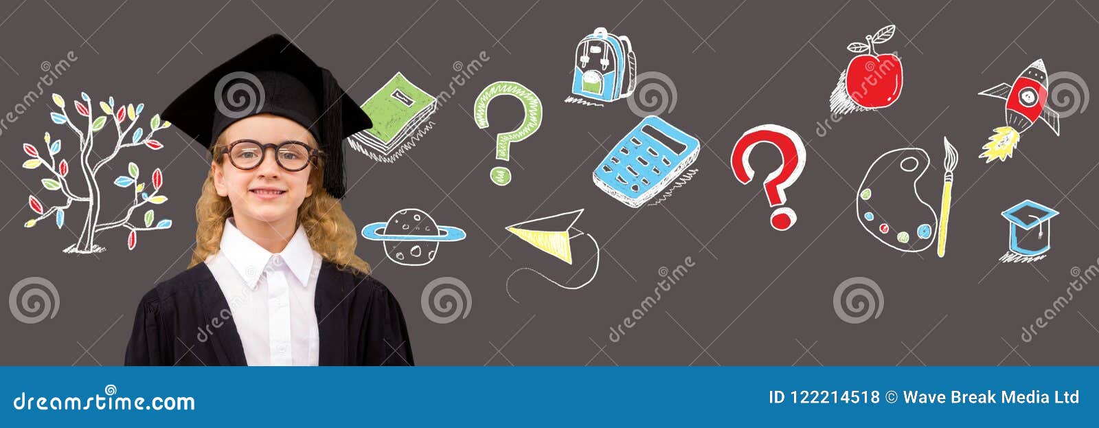 School Girl and Education Drawing on Blackboard for School with Tree ...