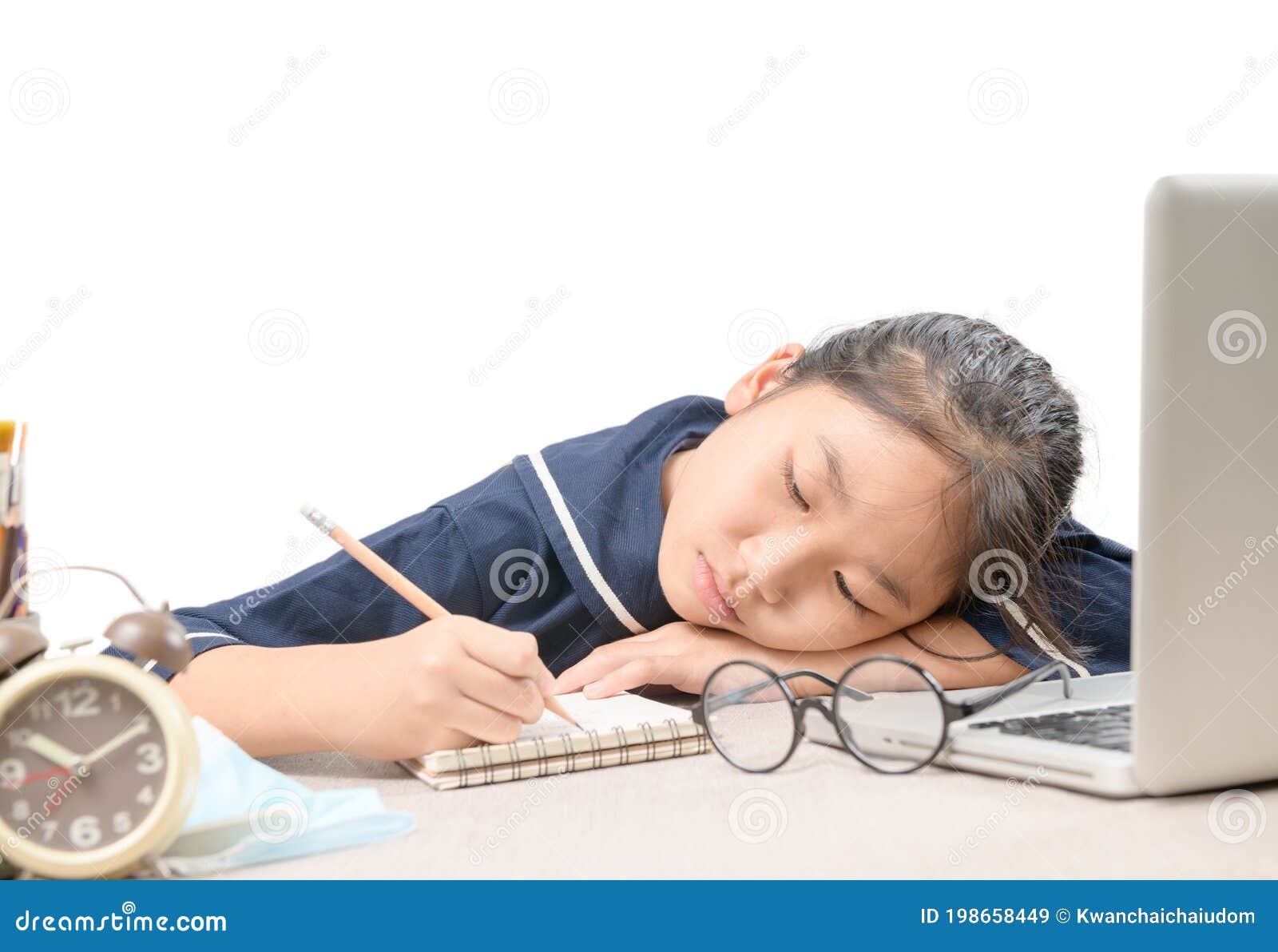 School Girl Learning Online Education Classes Feeling Bored and Write ...