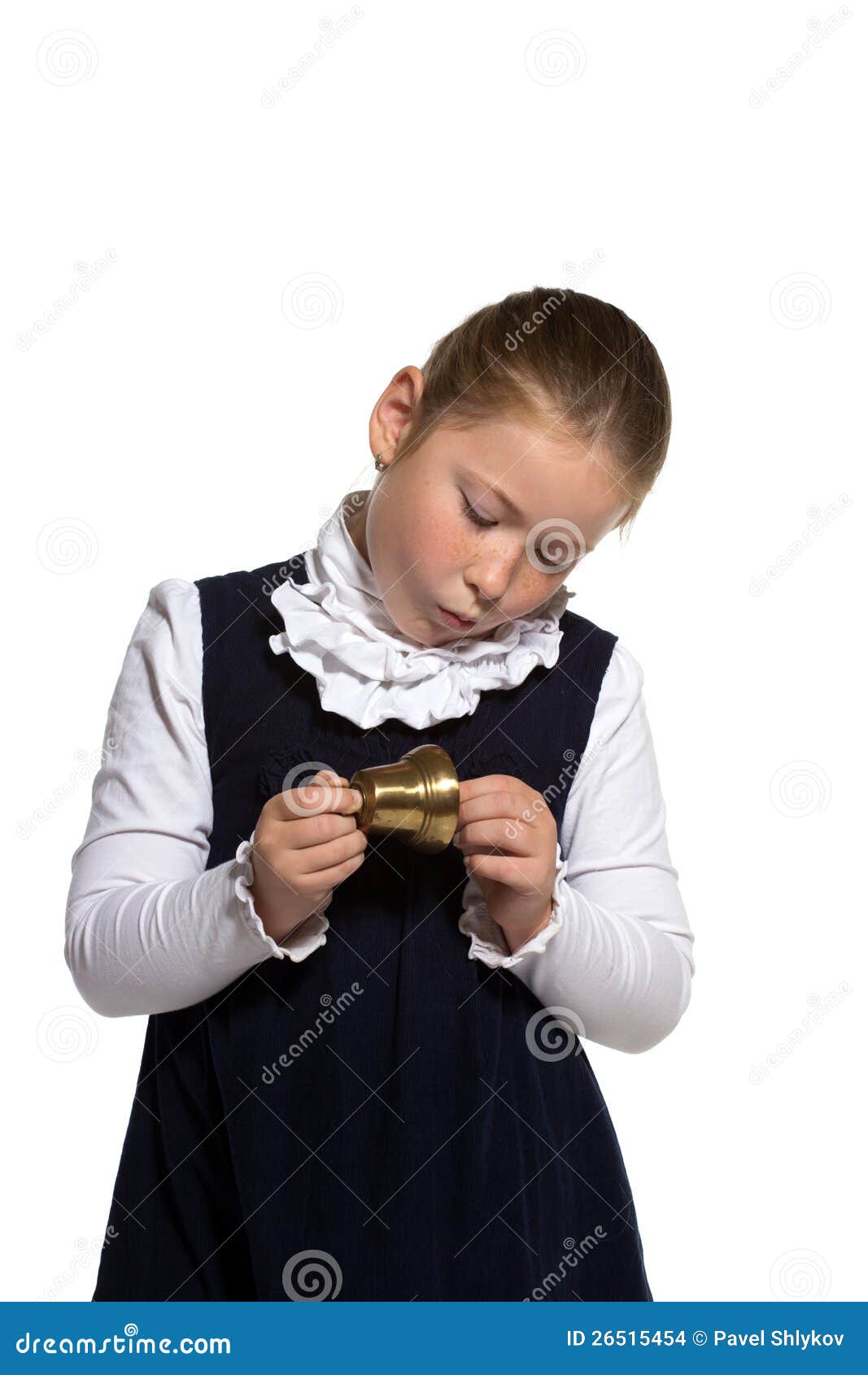 School Girl Ringing a Golden Bell Stock Photo - Image of hurry, back ...