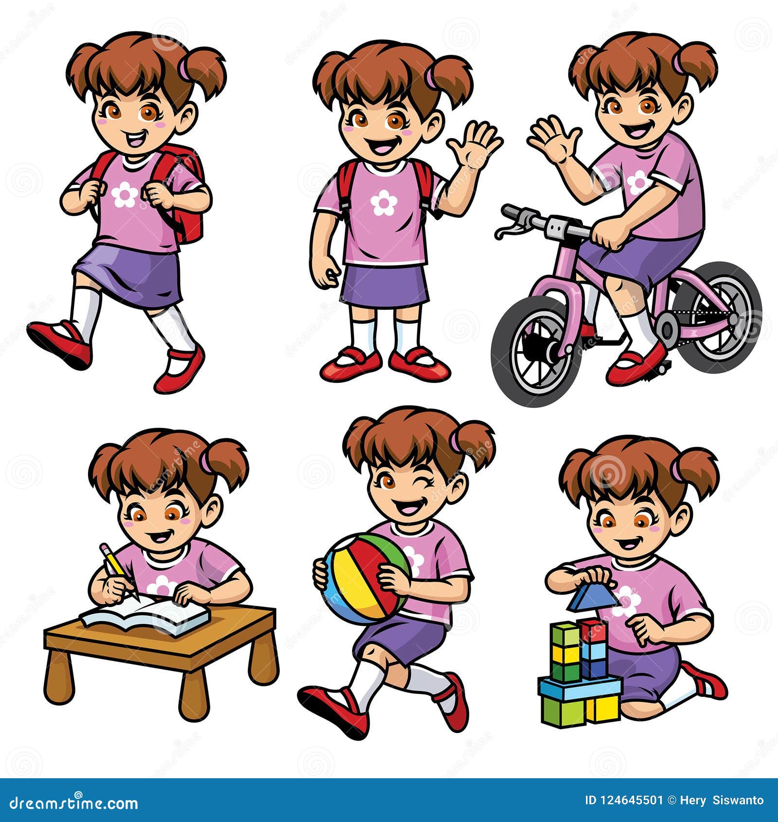 School Girl Set in Various Poses and Activities Stock Vector ...