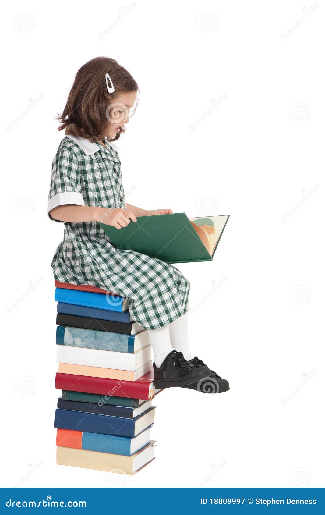 School Girl Sitting on Book Pile Reading Stock Image - Image of ...
