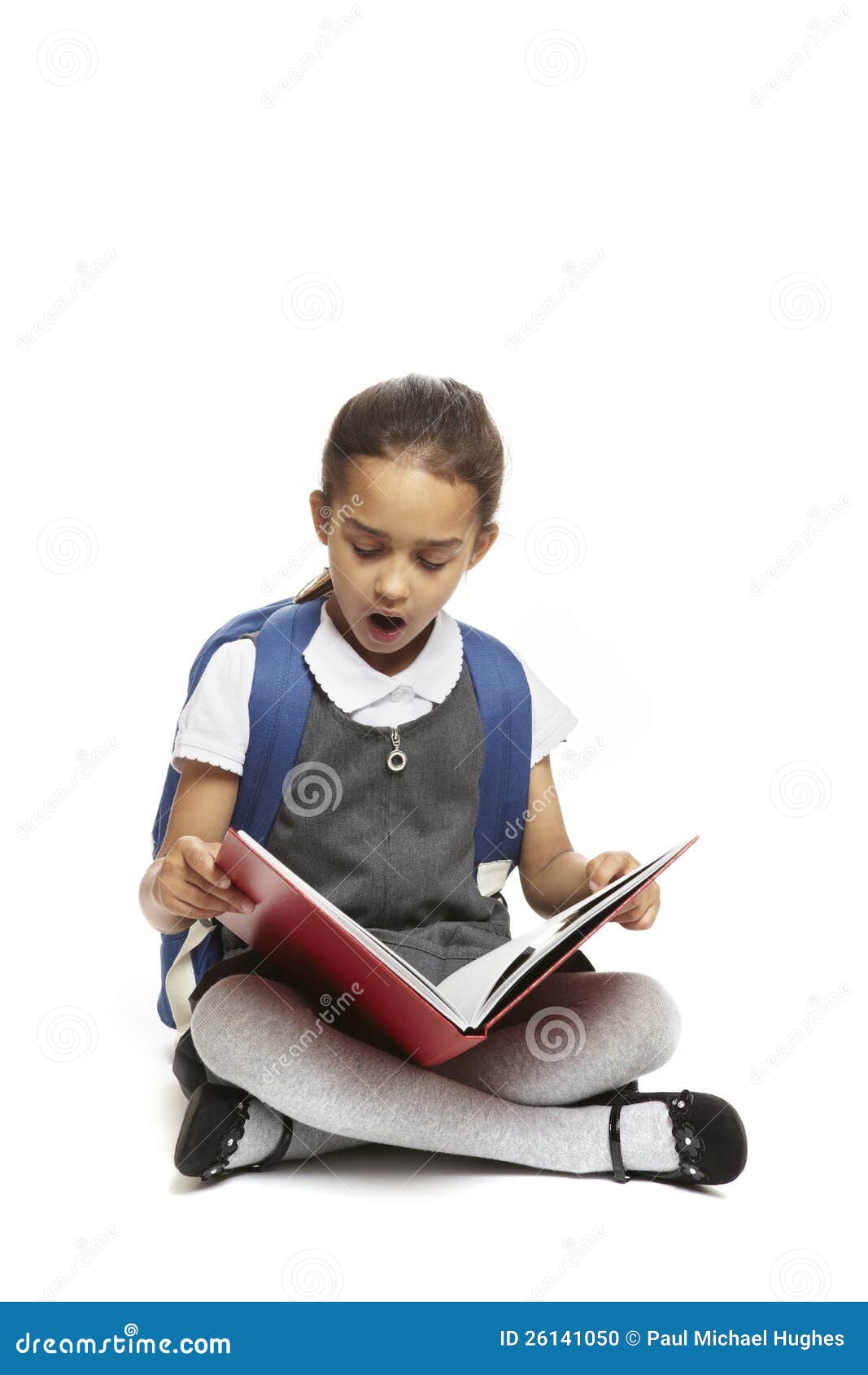 School Girl Sitting Reading Book Stock Photo - Image of cheerful ...