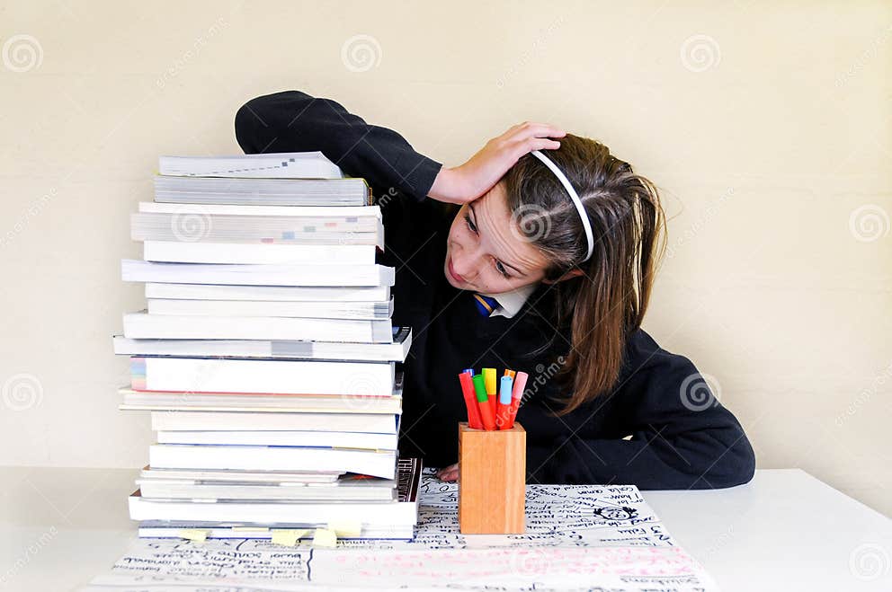 School Girl with Stack of Homework Stock Image - Image of pretty ...