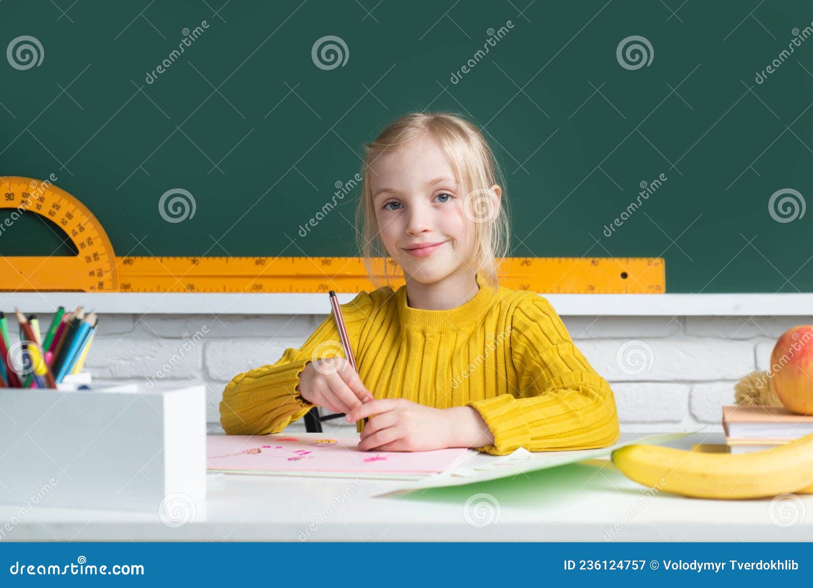 School Girl Studying Math on Lesson in Classroom at Elementary School ...