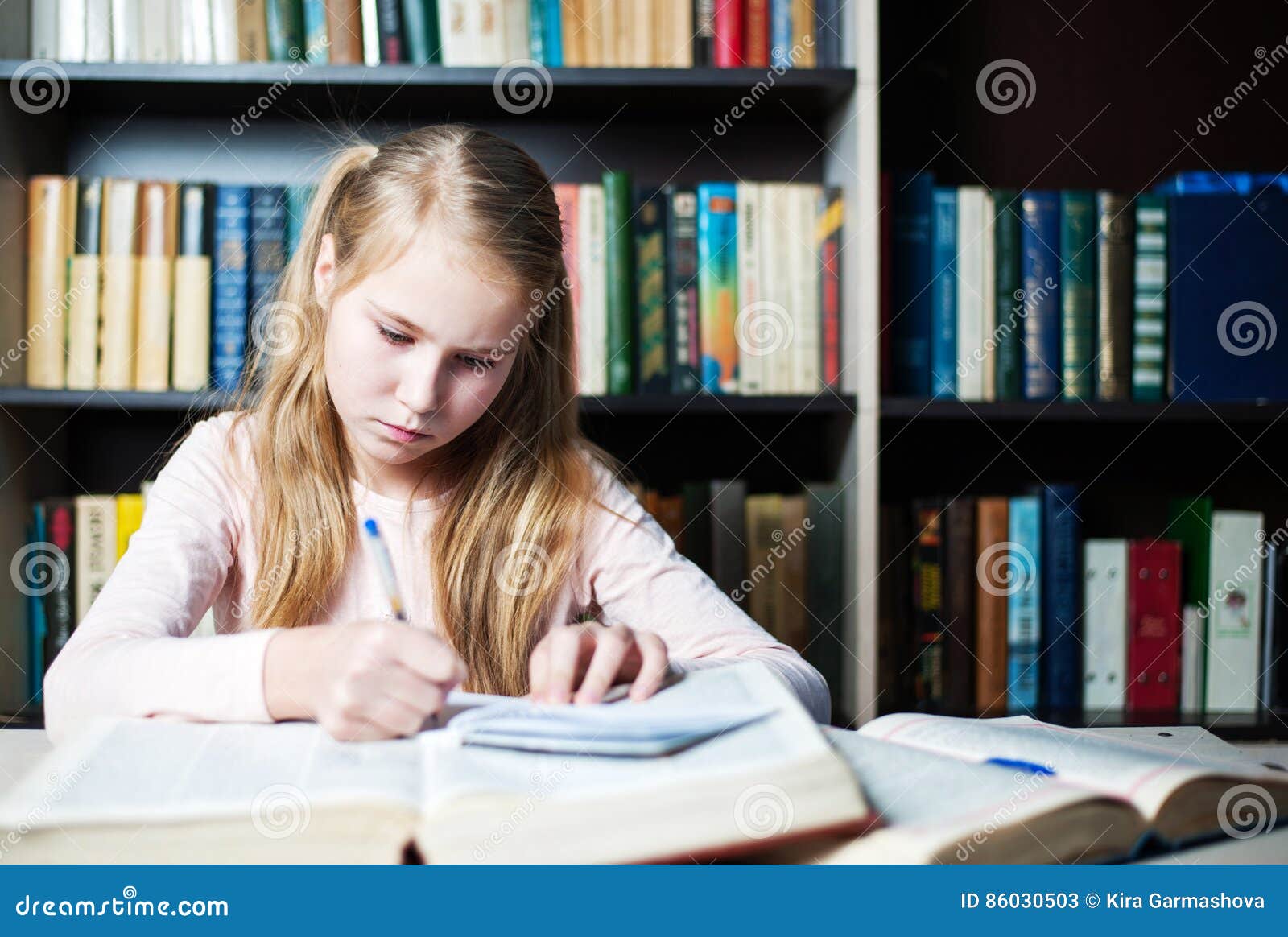School Girl Studying with Textbooks while Writing on a Book Stock Image ...