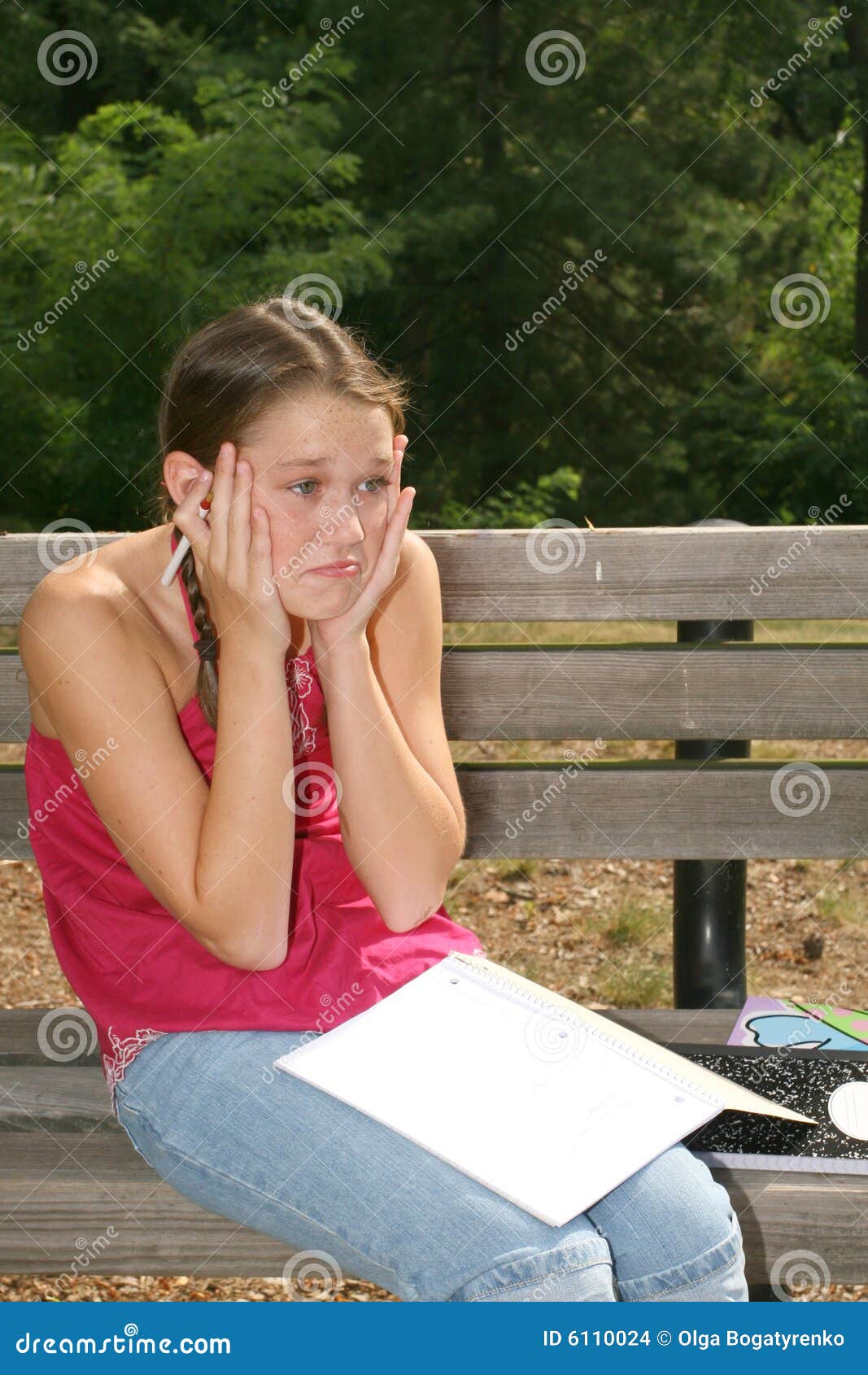 School Girl Working on Difficult Homework Stock Photo - Image of bench ...
