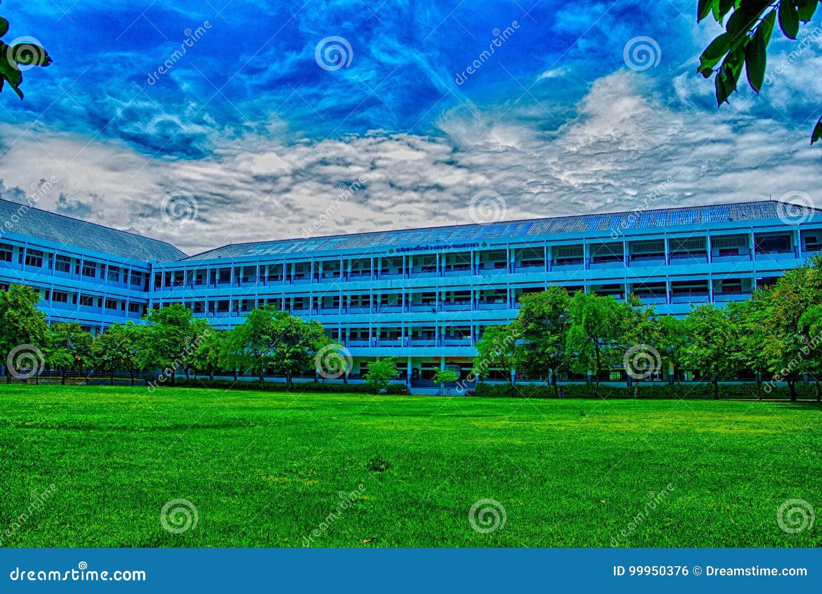 Blue school stock photo. Image of street, serpant, building - 99950376