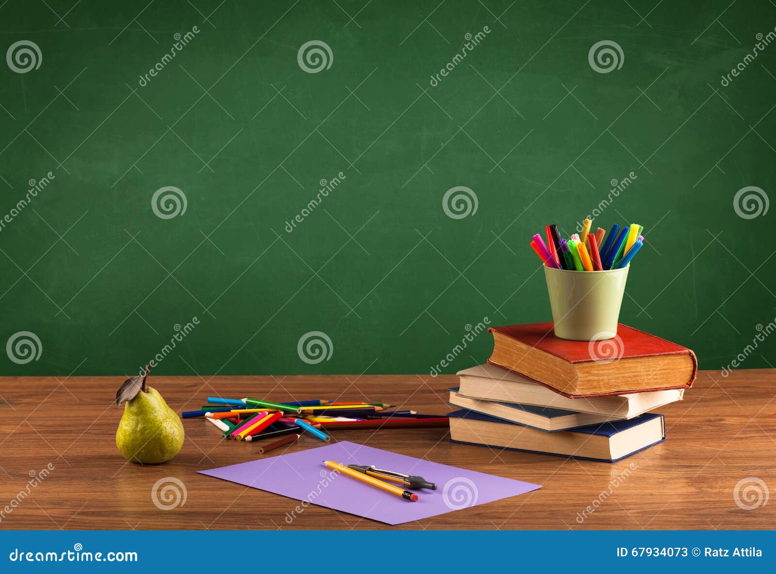 School Items on Desk with Empty Chalkboard Stock Image - Image of ...