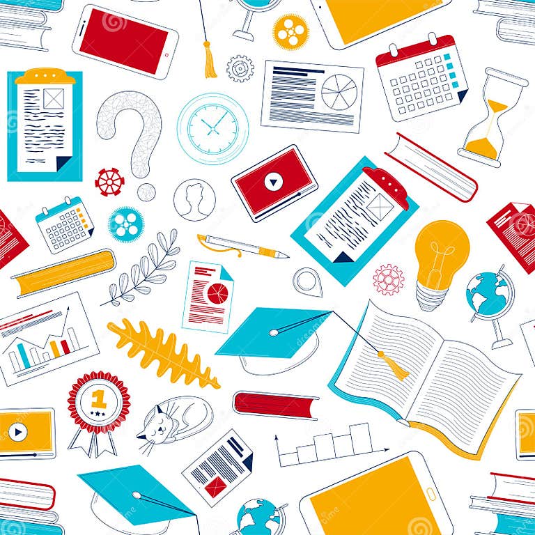 School Items Flat Vector Seamless Pattern Stock Vector - Illustration ...