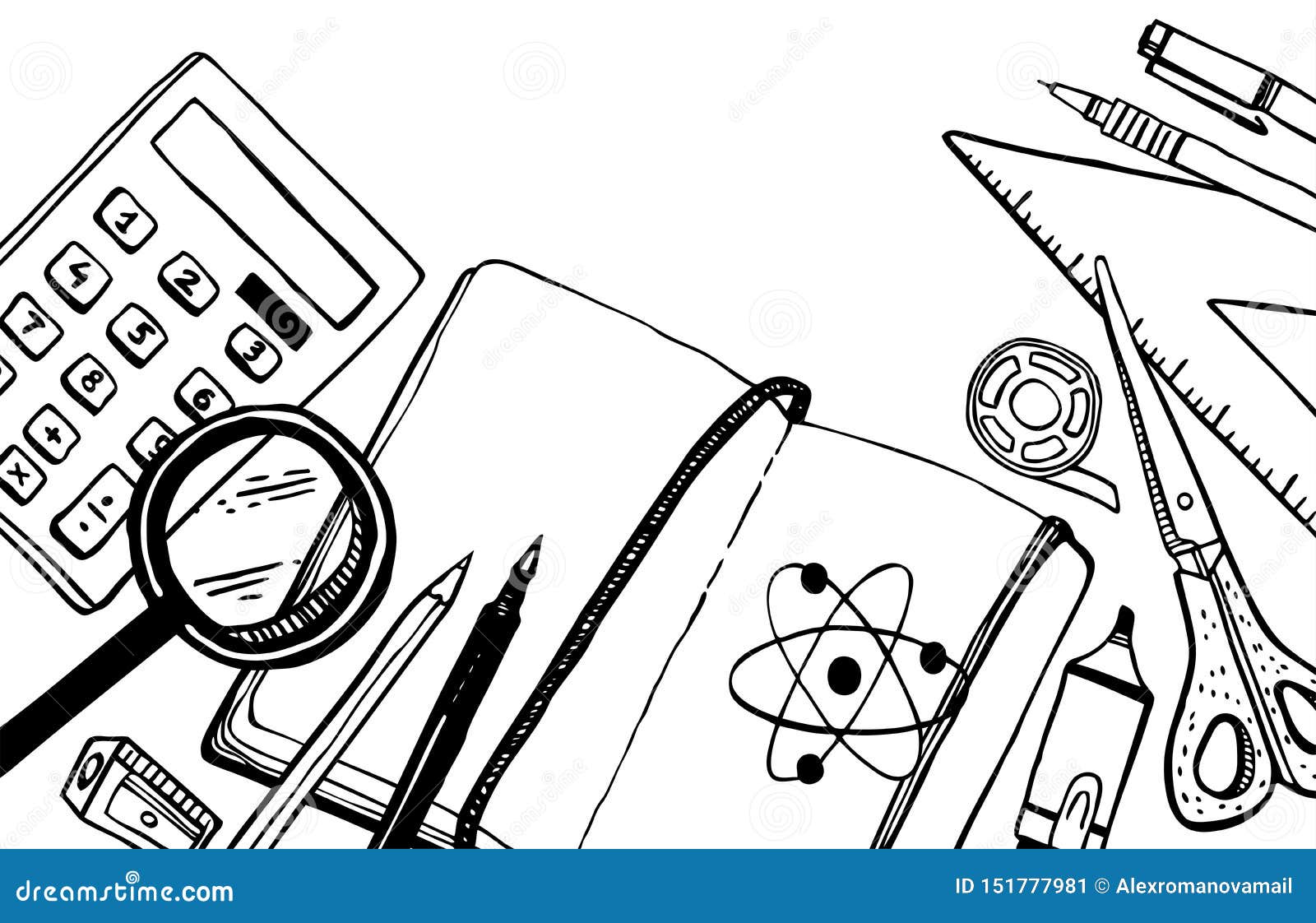 School Items. Top View of Pupil`s Table. Hand Drawn Outline Doodle ...