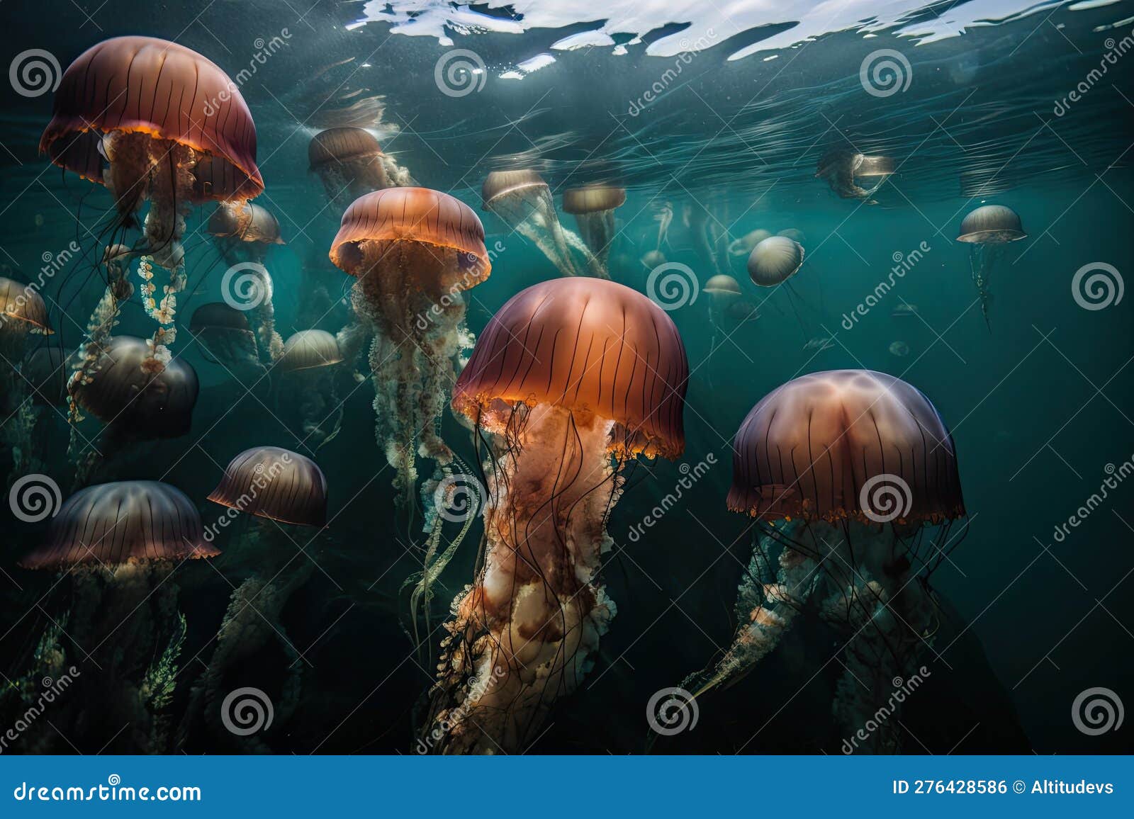 School of Jellyfish Swimming in the Ocean Currents Stock Illustration ...