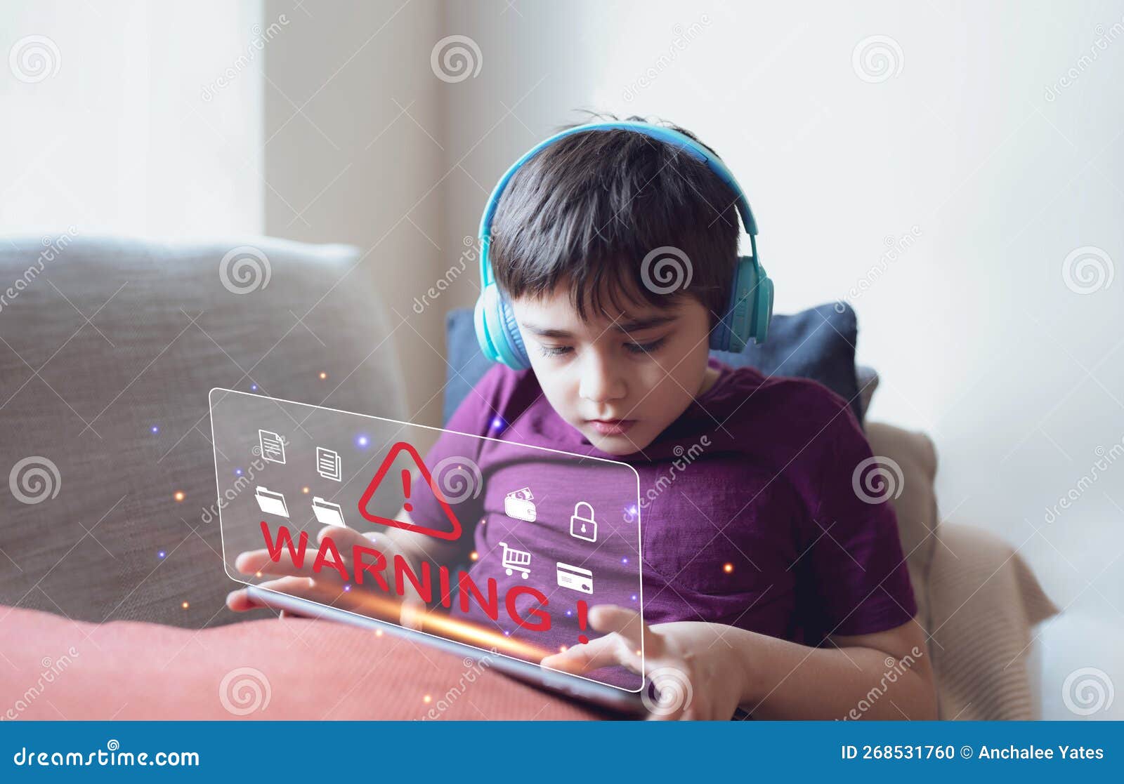 School Kid Doing Homework on Tablet and Receiving Warning Triangle Sign ...