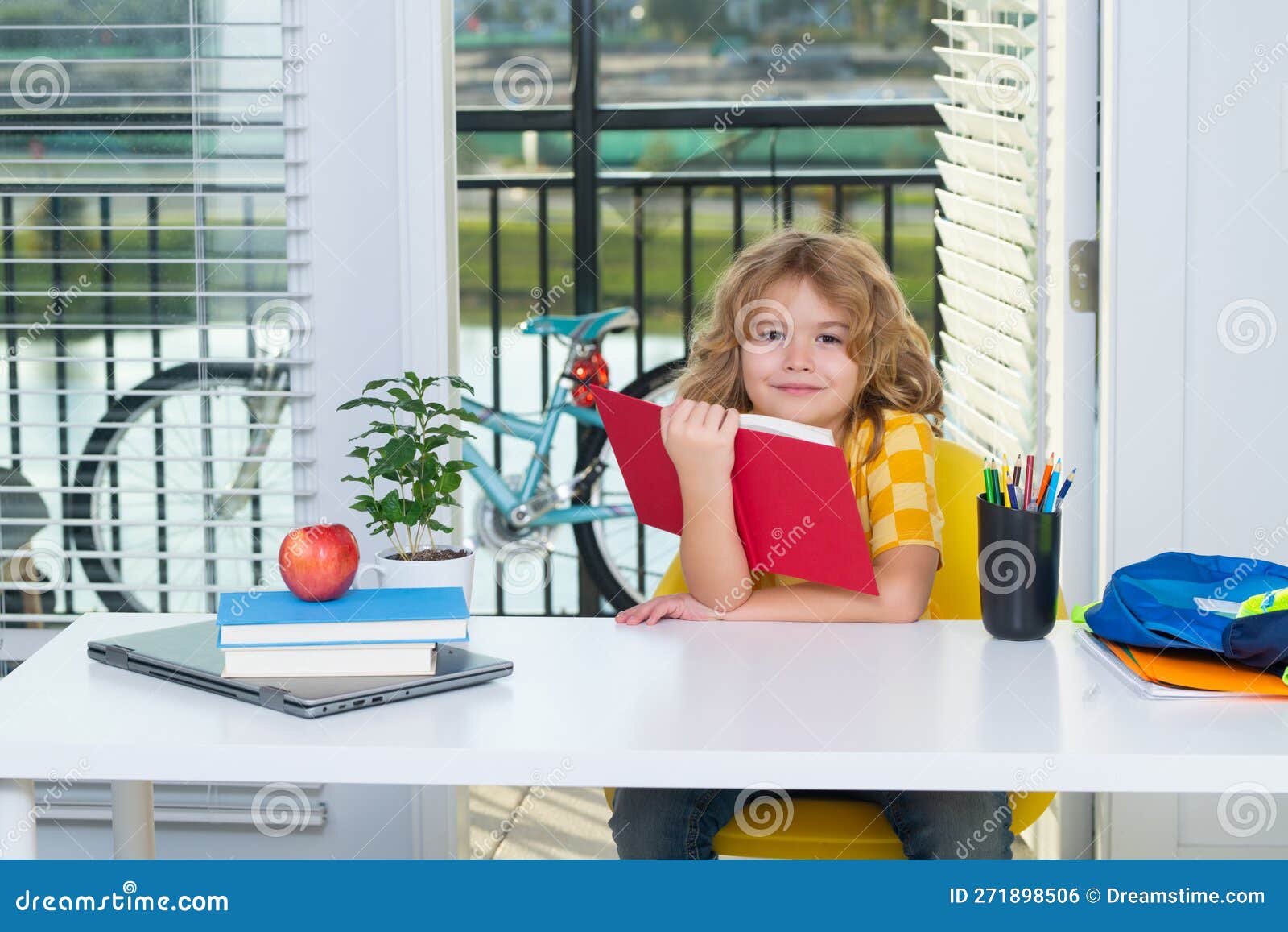 School Kid Reading Book. Nerd School Kid Doing Homework at Home. Clever ...