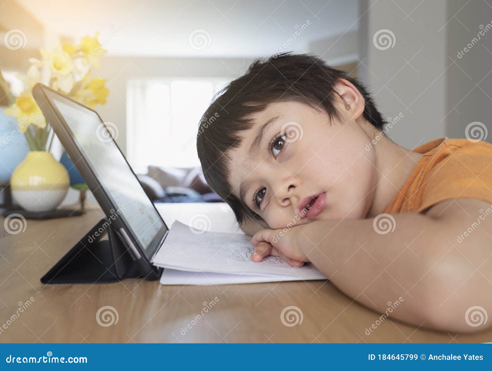 School Kid in Self Isolation Using Tablet for Homework,Child Sad Face ...