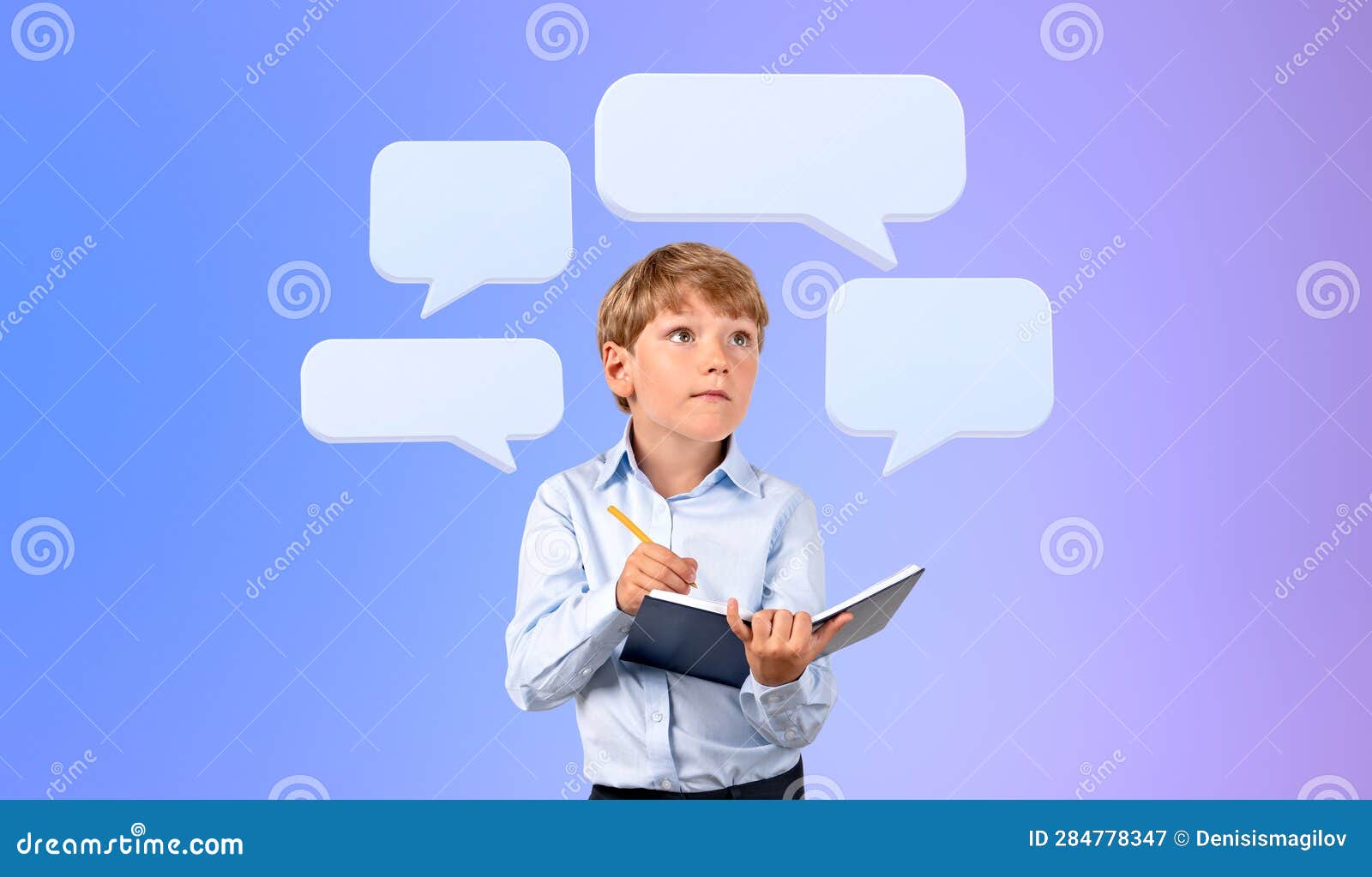 School Kid Taking Notes, Looking Up at Empty Thought Messages Bubbles ...