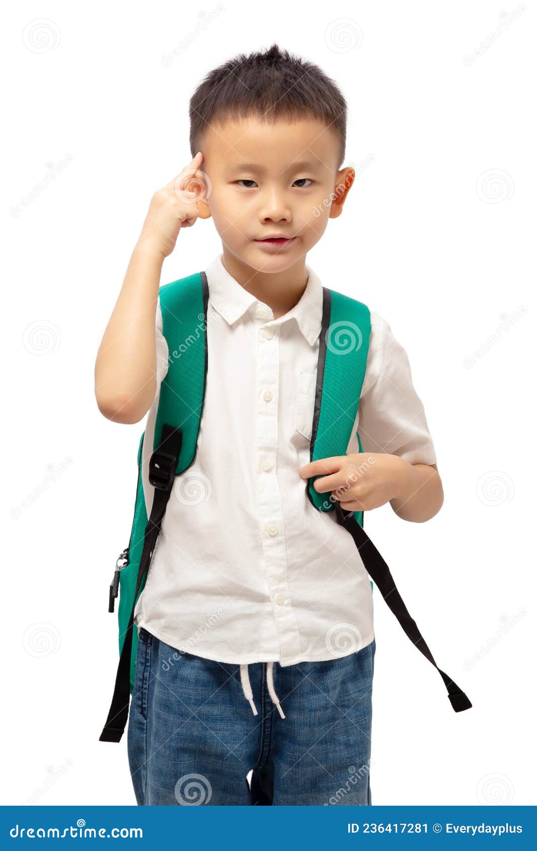 School Kid Thinking and Finger Pointing To Head with Backpack Stock ...