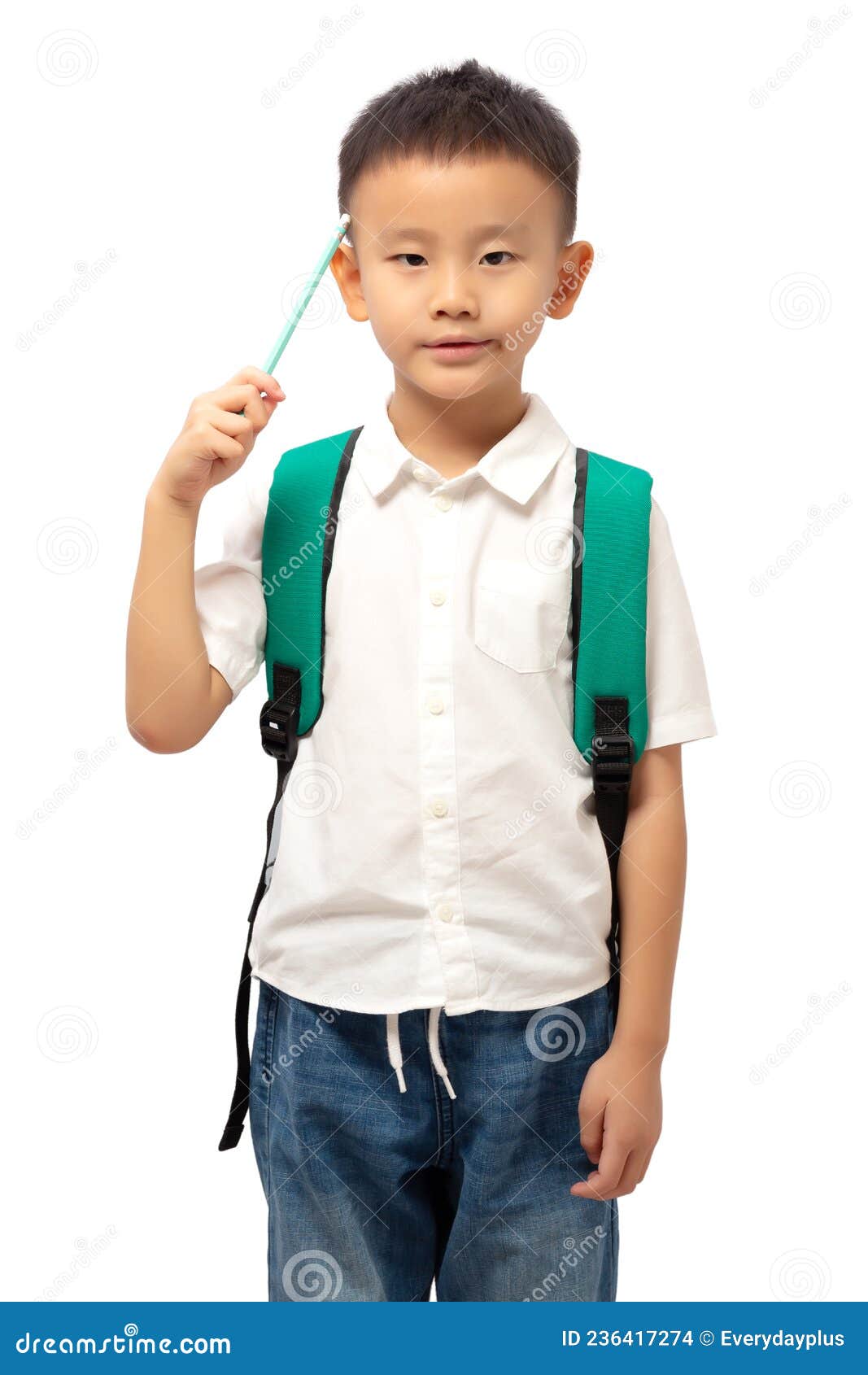 School Kid Thinking and Pencil Pointing To Head with Backpack Stock ...