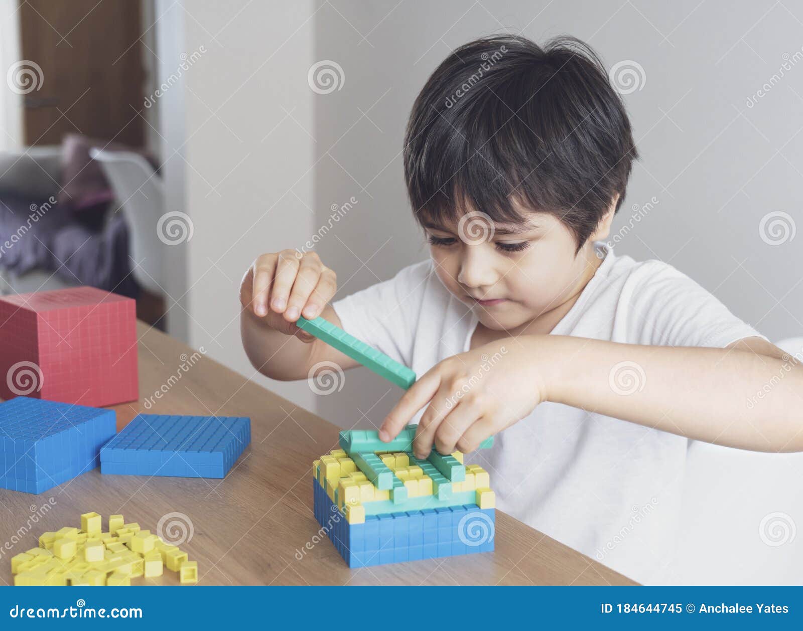 School Kid Using Plastic Block Counting Number, Child Boy Studying Math ...